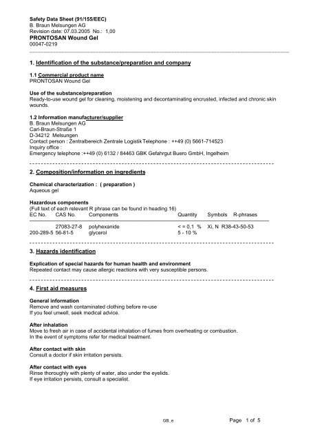 Prontosan Gel MSDS - Prontosan® from B. Braun