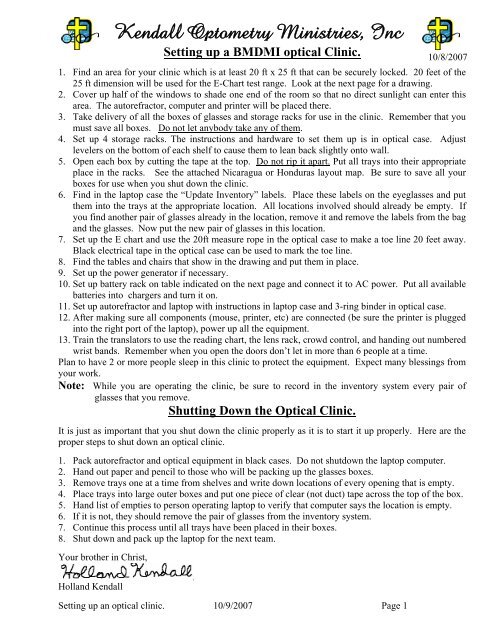 Kendall Optometry Ministry Optical Clinic Setup Checklist