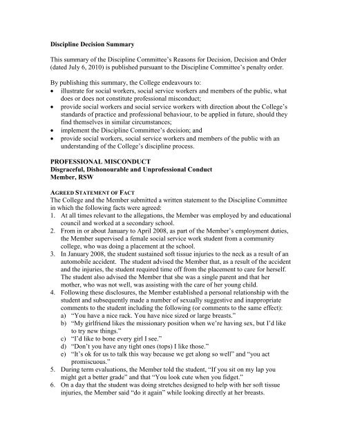 Discipline Decision Summary - Ontario College of Social Workers ... Discipline Decision Summary - Ontario College of Social Workers ...