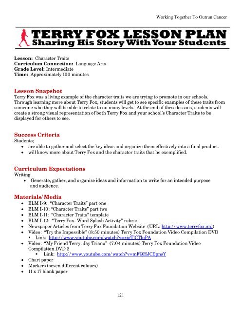 Language Arts: Character Traits - Terry Fox Foundation