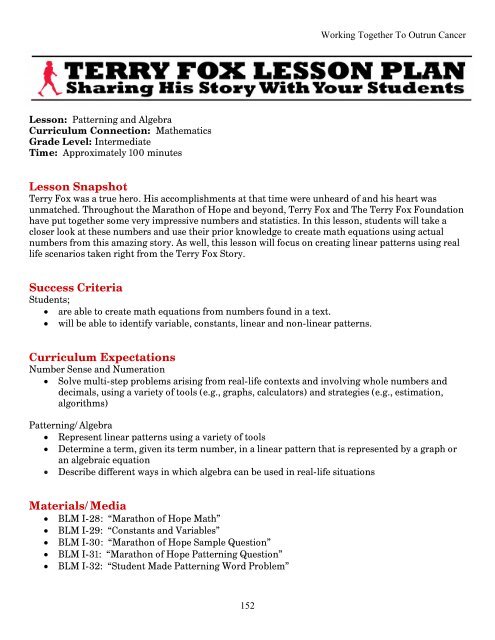 Mathematics: Patterning and Algebra - Terry Fox Foundation