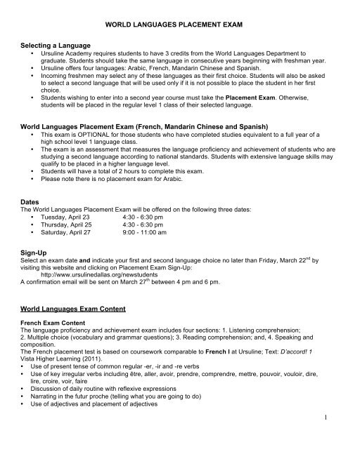 1 WORLD LANGUAGES PLACEMENT EXAM Selecting a Language ...
