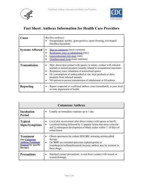 â Fact Sheet: Anthrax Information for Health Care Providers,â Centers ...