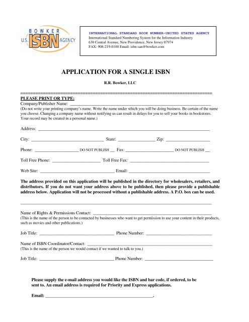 APPLICATION FOR A SINGLE ISBN - Bowker