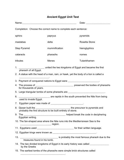 Ancient Egypt Unit Test - hitcho.com.au