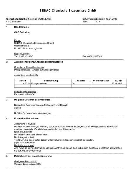 Sicherheitsdatenblatt - Sedac