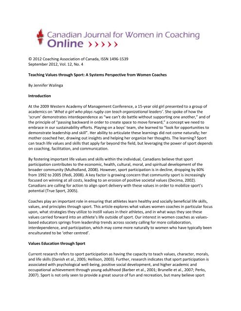 Teaching Values through Sport - Coaching Association of Canada