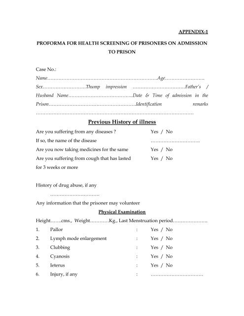 Proforma for Health screening of prisoners on admission to Prison