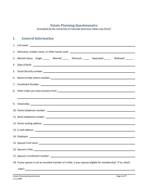 Estate Planning Questionnaire I General Information Colorado Law