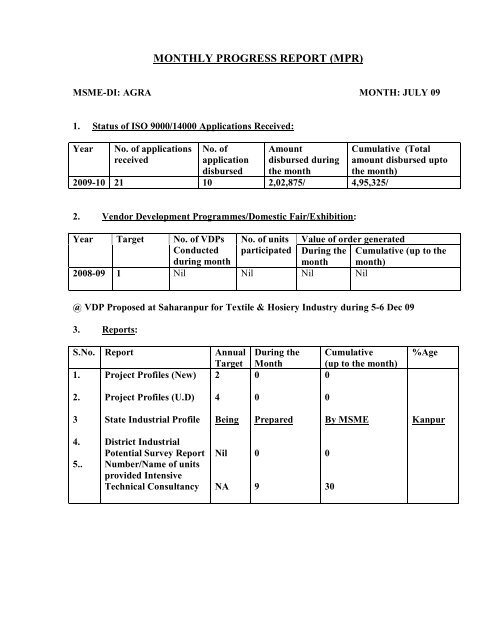 monthly progress report (mpr) - MSME-Development Institute,Agra