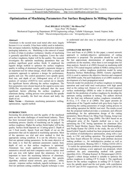 Optimization Of Machining Parameters For Surface Roughness In