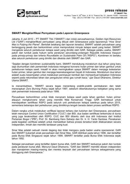 SMART Mengklarifikasi Pernyataan pada Laporan ... - PT SMART Tbk