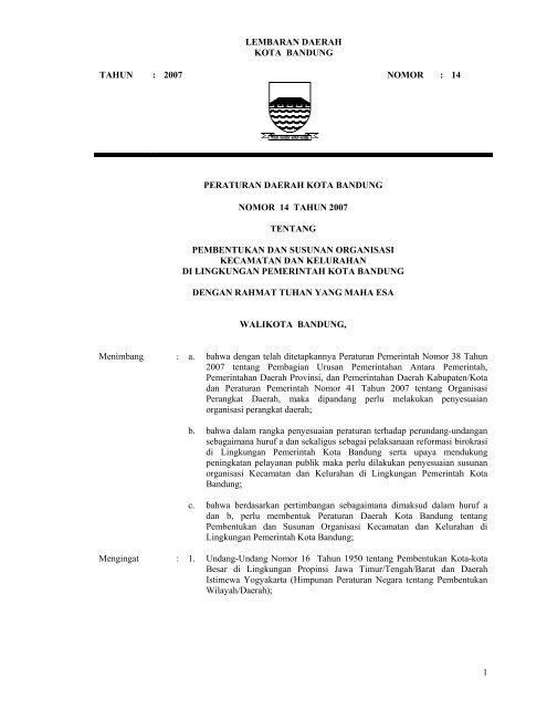 Perda Kota Bandung No.15 Tahun 2007 - Pemerintah Kota Bandung