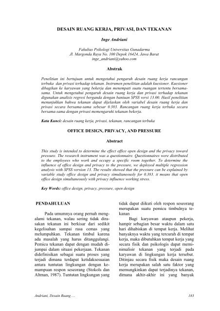 desain ruang kerja, privasi, dan tekanan - Universitas Gunadarma