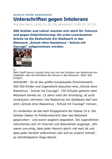 Unterschriften gegen Intoleranz - Realschule Am Stadtpark