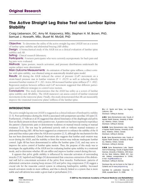 The Active Straight Leg Raise Test and Lumbar Spine Stability