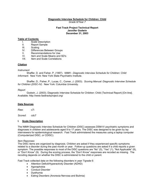 Diagnostic Interview Schedule for Children ... - Fast Track Project