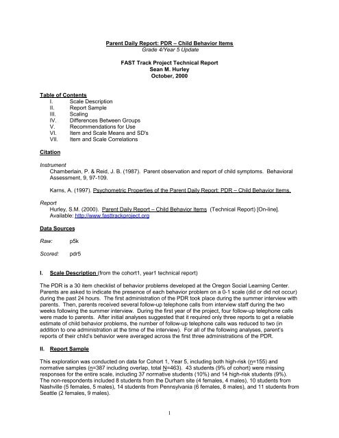 1 Parent Daily Report: PDR – Child Behavior ... - Fast Track Project