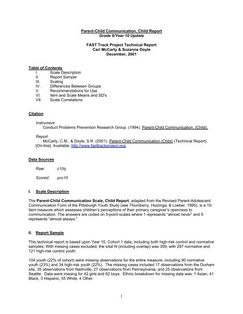 1 Parent-Child Communication, Child Report ... - Fast Track Project