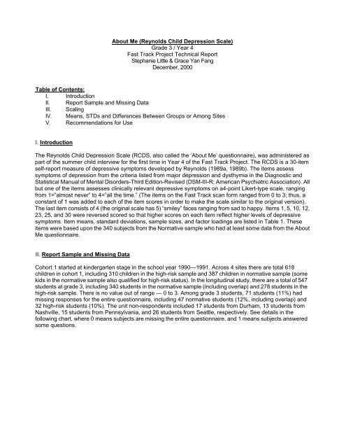 About Me (Reynolds Child Depression Scale ... - Fast Track Project