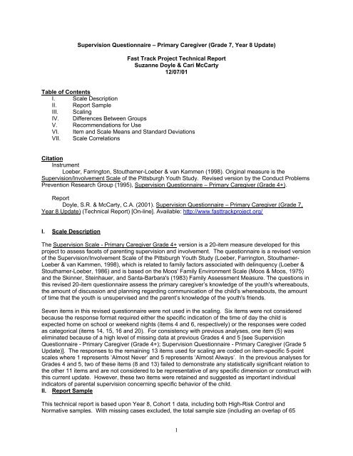 1 Supervision Questionnaire – Primary ... - Fast Track Project