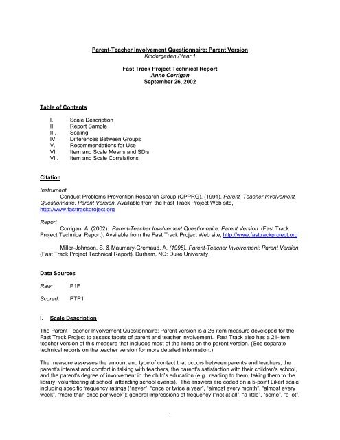 1 Parent-Teacher Involvement Questionnaire ... - Fast Track Project