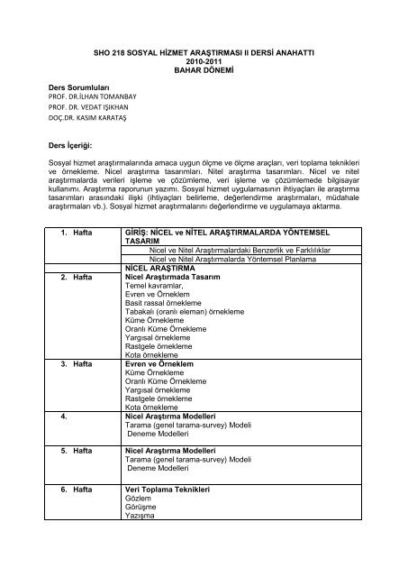 SHO 218 SOSYAL HİZMET ARAŞTIRMASI II DERSİ ANAHATTI ...