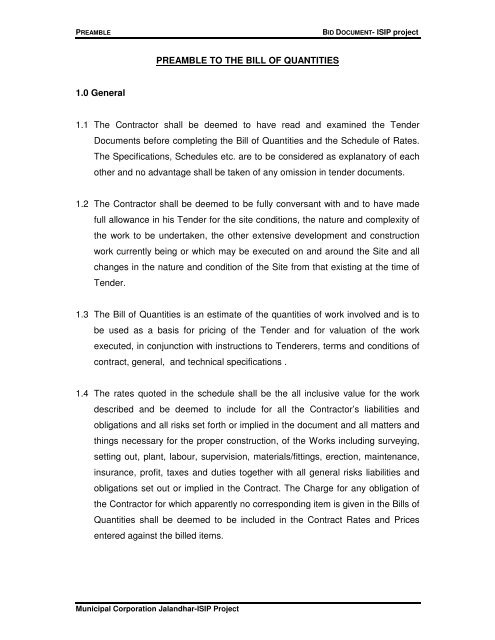 Preamble To The Bill Of Quantities - Municipal Corporation Jalandhar