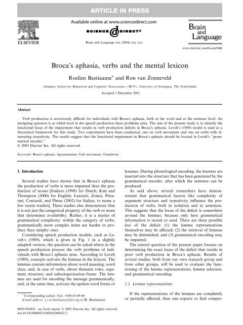 Broca's aphasia, verbs and the mental lexicon