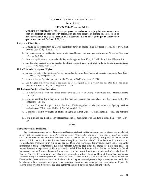 LA PRIERE D'INTERCESSION DE JESUS Jean 17:1-26 LEÇON ...