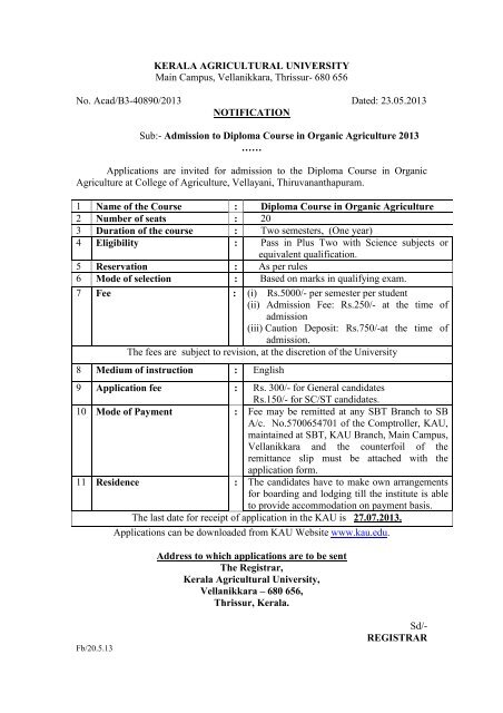 Notification & Application Form - Kerala Agricultural University
