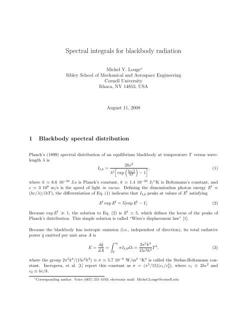 Spectral integrals for blackbody radiation - Grain Flow Research at ... Spectral integrals for blackbody radiation - Grain Flow Research at ...