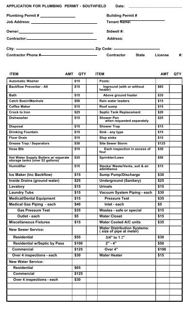 APPLICATION FOR PLUMBING PERMIT ... - City of Southfield