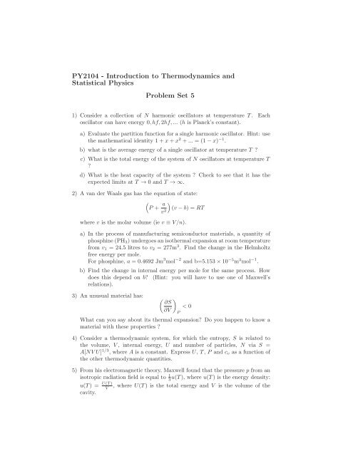 PY2104 - Introduction to Thermodynamics and Statistical Physics ... PY2104 - Introduction to Thermodynamics and Statistical Physics ...