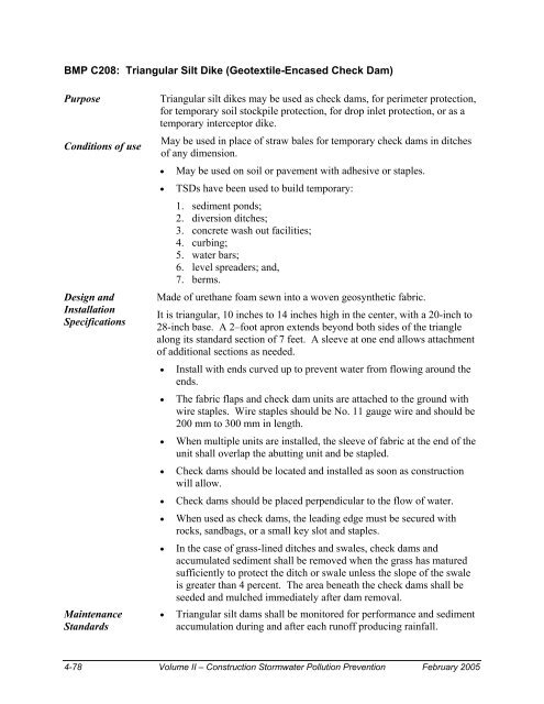 BMP C208: Triangular Silt Dike (Geotextile-Encased Check Dam ...