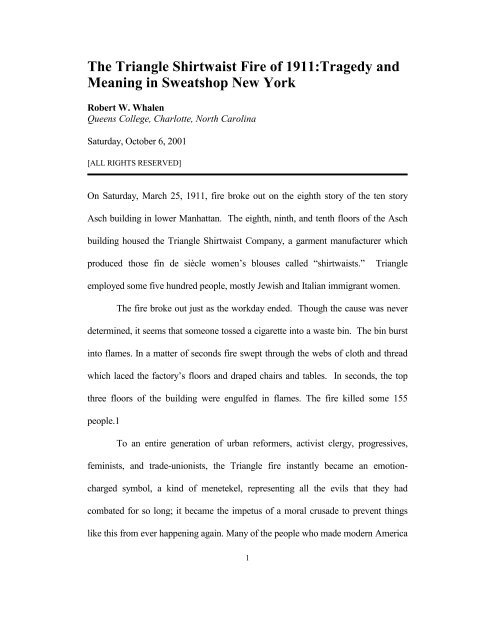 The Triangle Shirtwaist Fire of 1911:Tragedy and Meaning in ...