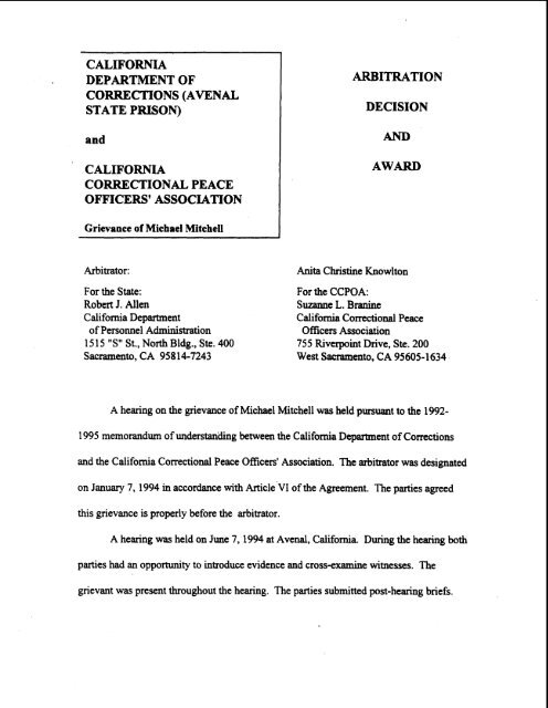 CDC (Avenal) and CCPOA - California Correctional Peace Officers ...