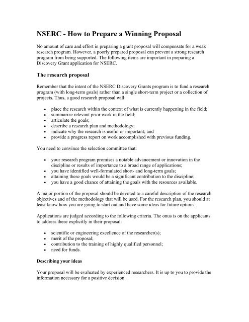 NSERC - How to Prepare a Winning Proposal NSERC - How to Prepare a Winning Proposal