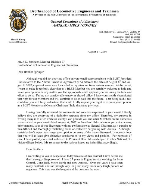 Brotherhood of Locomotive Engineers and Trainmen - BLET Amtrak ...