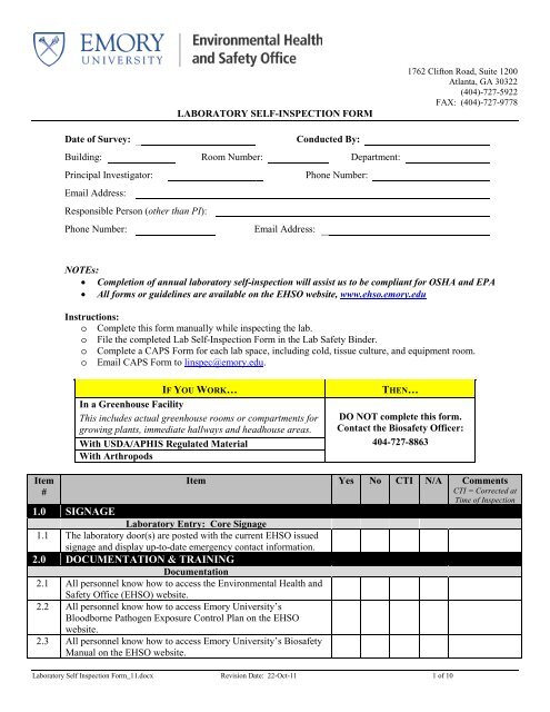Laboratory Self Inspection Form - Chemistry - Emory University