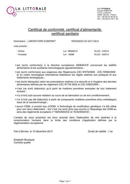 Certificat de conformitÃ©, certificat d'alimentaritÃ©, certificat sanitaire