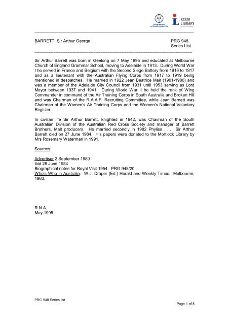 BARRETT, Sir Arthur George PRG 948 Series List - State Library of ...