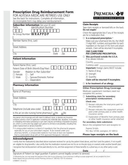 Prescription Drug Reimbursement Form - Premera Blue Cross
