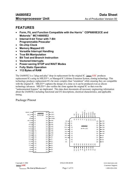 Ia6805e2 Data Sheet Microprocessor Unit Features