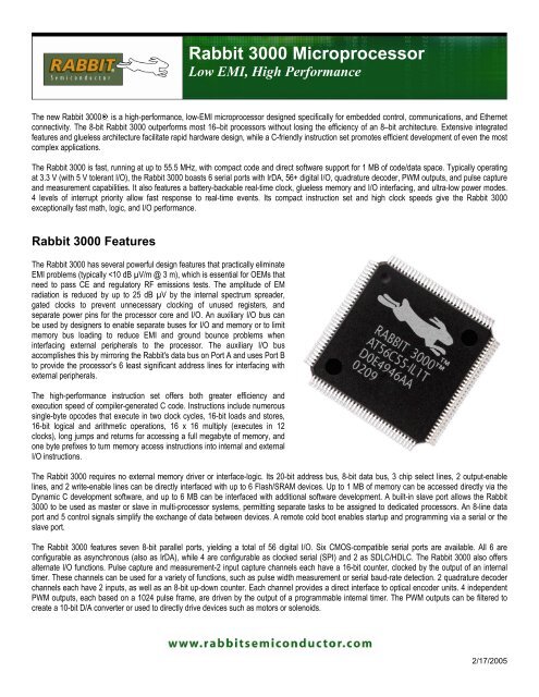 Rabbit 3000 Microprocessor Low EMI, High Performance