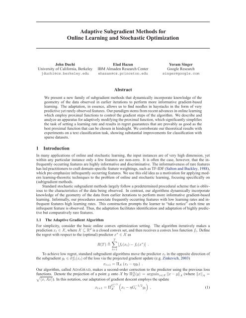Adaptive Subgradient Methods for Online ... - COLT 2010 - IBM