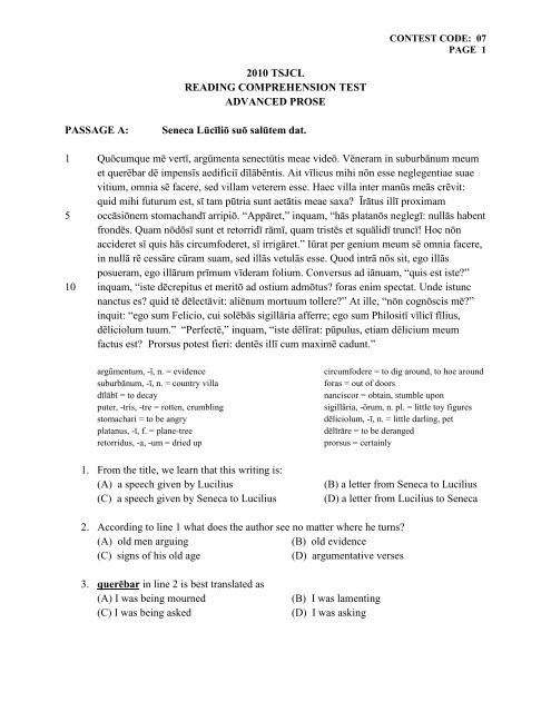 2010 TSJCL READING COMPREHENSION TEST ADVANCED 2010 TSJCL READING COMPREHENSION TEST ADVANCED