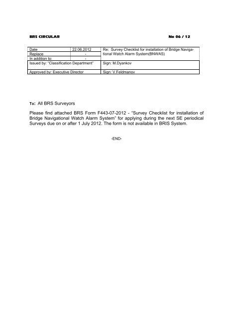 Survey Checklist for installation of Bridge Navigational W