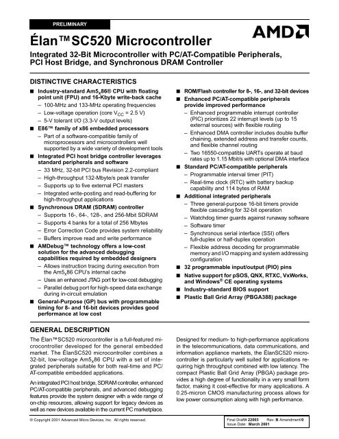 Élan™SC520 Microcontroller Data Sheet - Datasheet Catalog