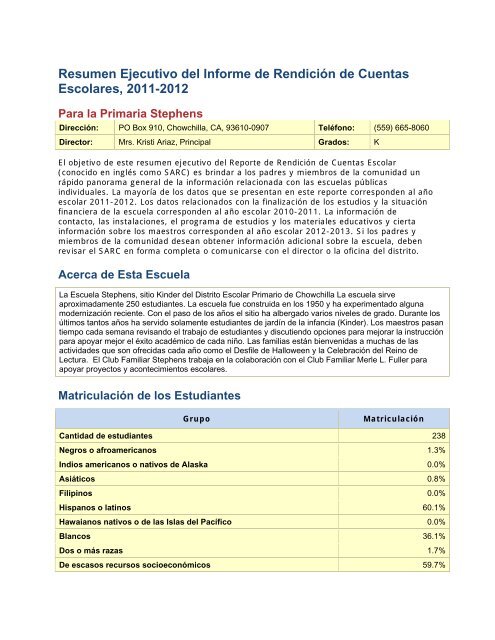 Resumen Ejecutivo del Informe de Rendición de Cuentas Escolares ...